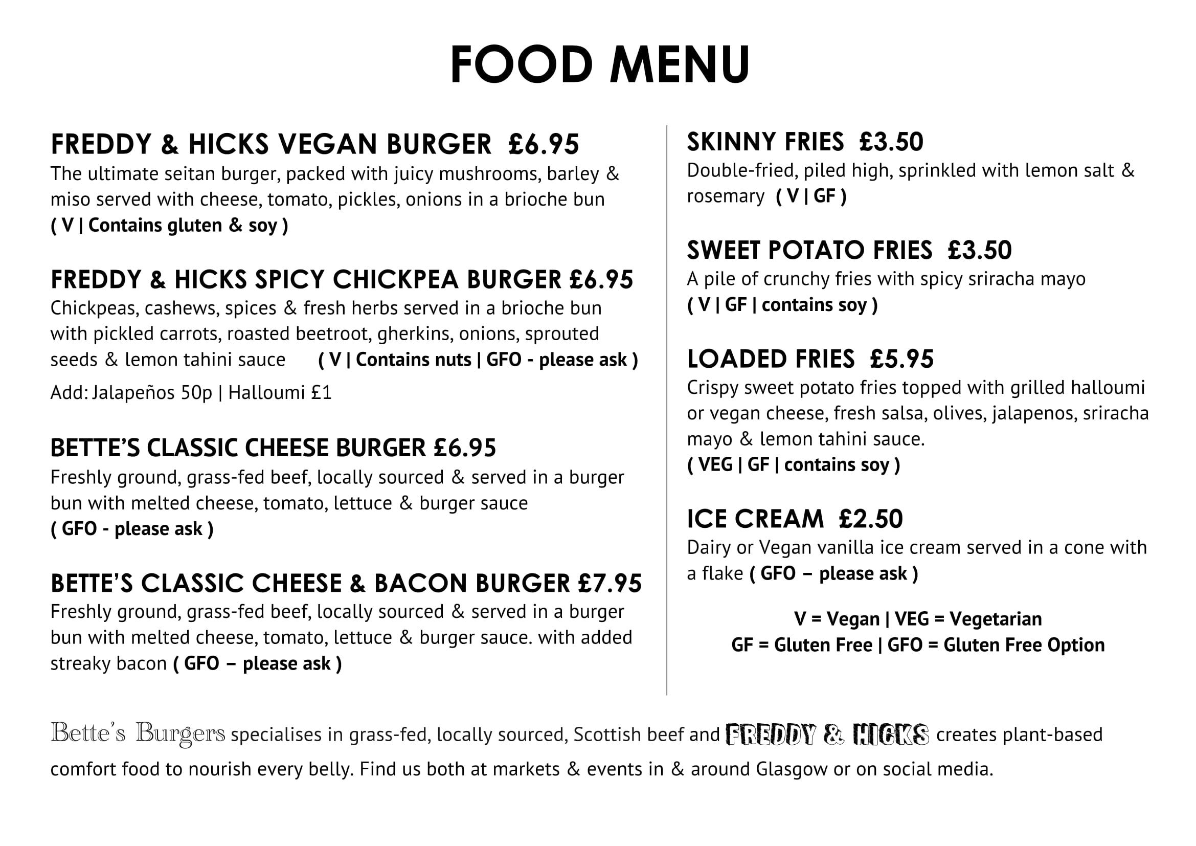 Freddy & Hicks x Bettes Burgers Menu - Nice N Sleazy